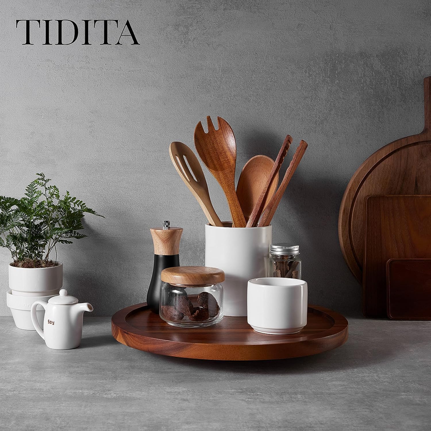 TIDITA 10" Acacia Lazy Susan Organizer for Cabinet - Wooden Lazy Susan Turntable for Table - Wood Kitchen Turntable Storage Food Bin Container for Pantry, Fridge, Countertop