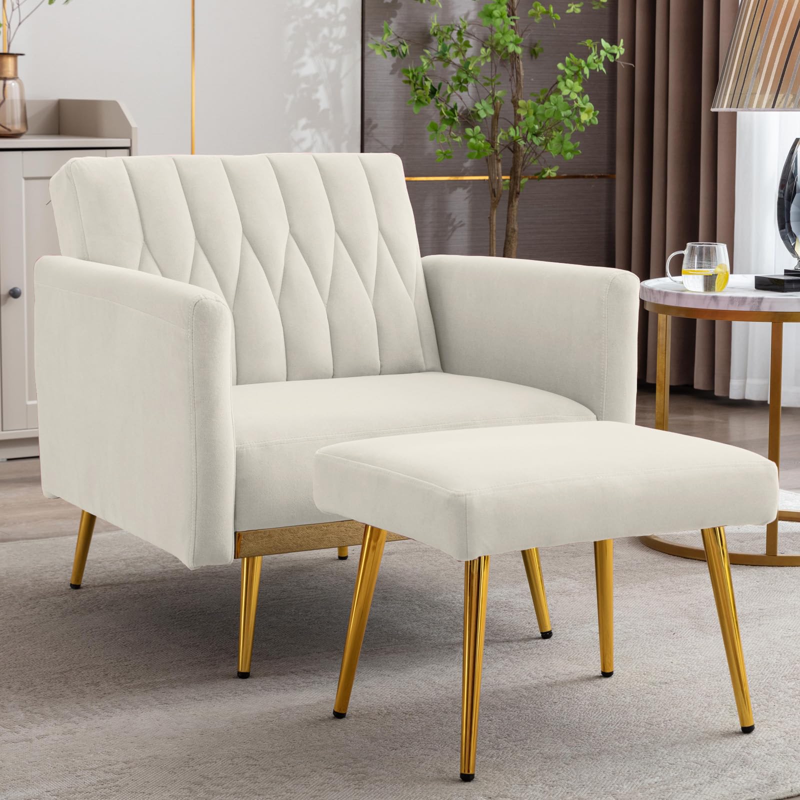 TTGIEET Velvet Accent Chair with Ottoman, Modern Upholstered Tufted Armchair, Comfy Single Sofa Chair Side Chair with Golden Metal Legs& Adjustable Arms for Living Reading Room Bedroom Office (Cream