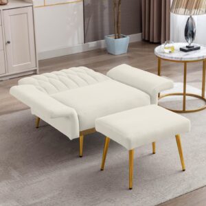 TTGIEET Velvet Accent Chair with Ottoman, Modern Upholstered Tufted Armchair, Comfy Single Sofa Chair Side Chair with Golden Metal Legs& Adjustable Arms for Living Reading Room Bedroom Office (Cream