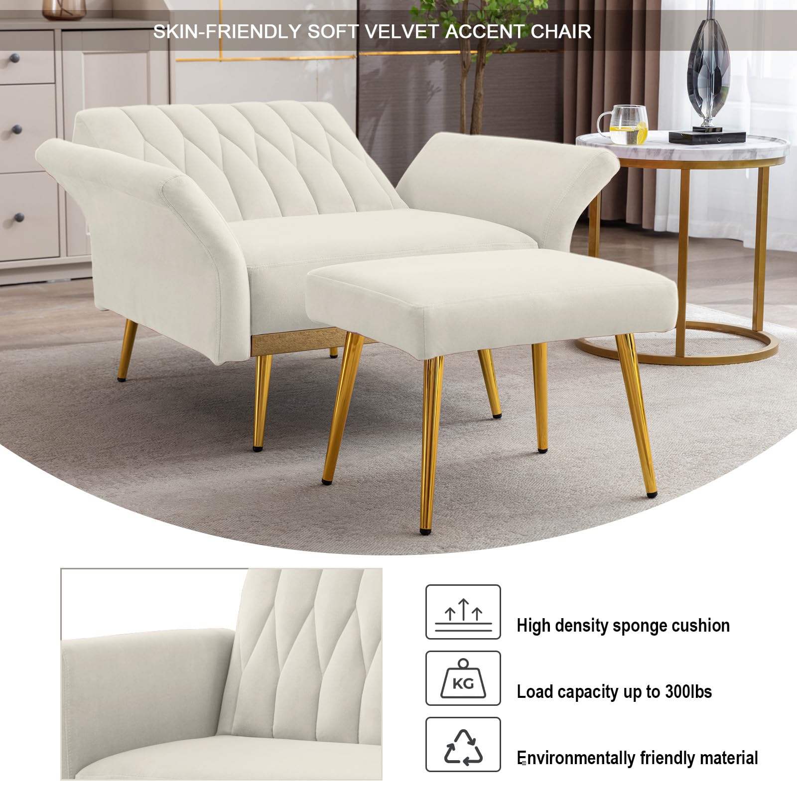 TTGIEET Velvet Accent Chair with Ottoman, Modern Upholstered Tufted Armchair, Comfy Single Sofa Chair Side Chair with Golden Metal Legs& Adjustable Arms for Living Reading Room Bedroom Office (Cream