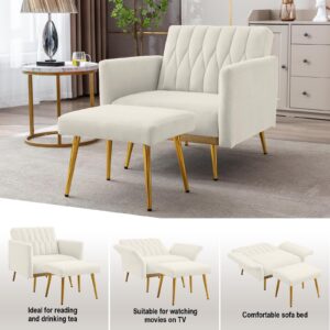 TTGIEET Velvet Accent Chair with Ottoman, Modern Upholstered Tufted Armchair, Comfy Single Sofa Chair Side Chair with Golden Metal Legs& Adjustable Arms for Living Reading Room Bedroom Office (Cream