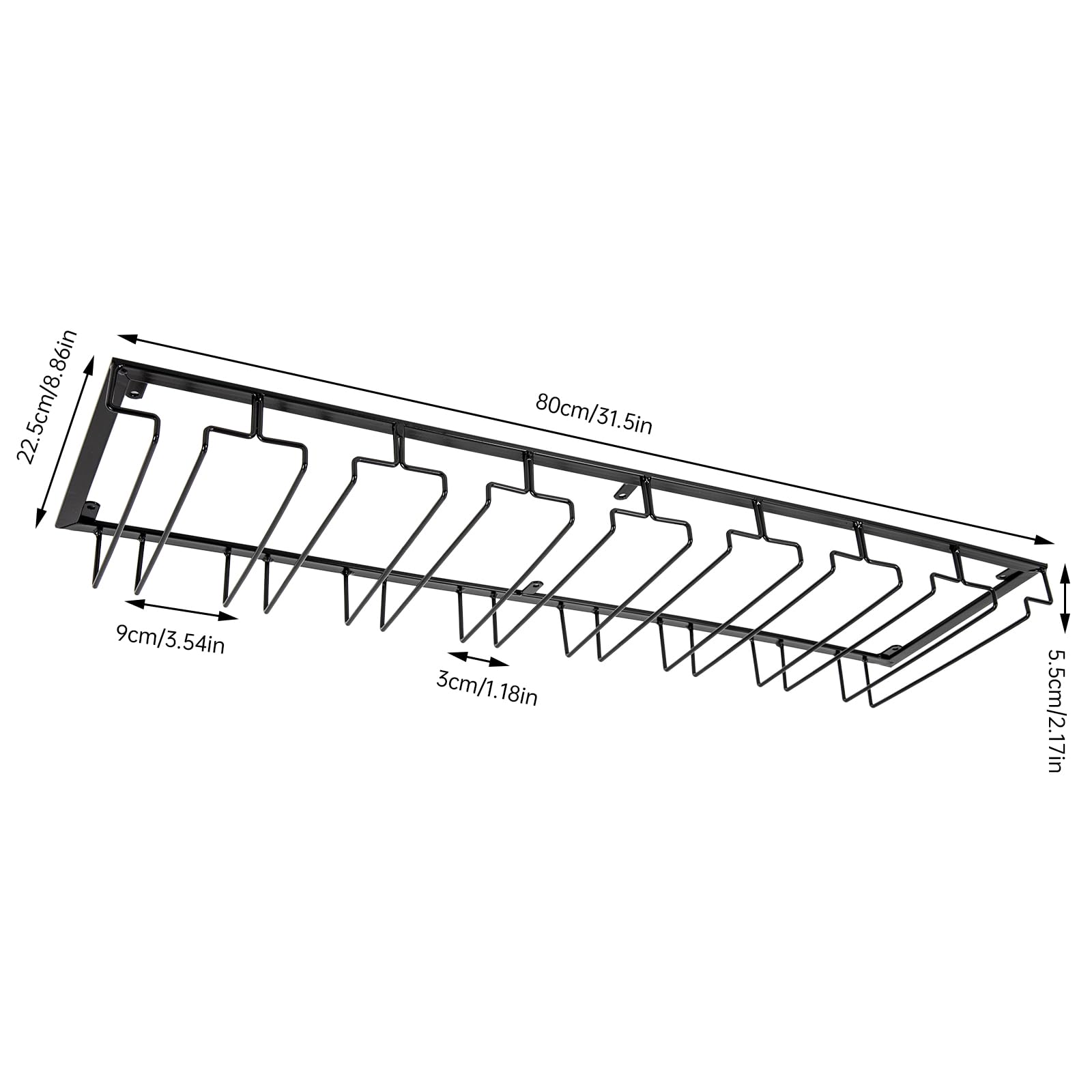 TFCFL Hanging Wine Glass Rack Under Cabinet Wine Glass Holder Under Shelf Stemware Rack, 8 Row Extreme Large Metal Wine Glass Hangers Under Shelf for Bar Counter, Kitchen, Screws Included (Balck)