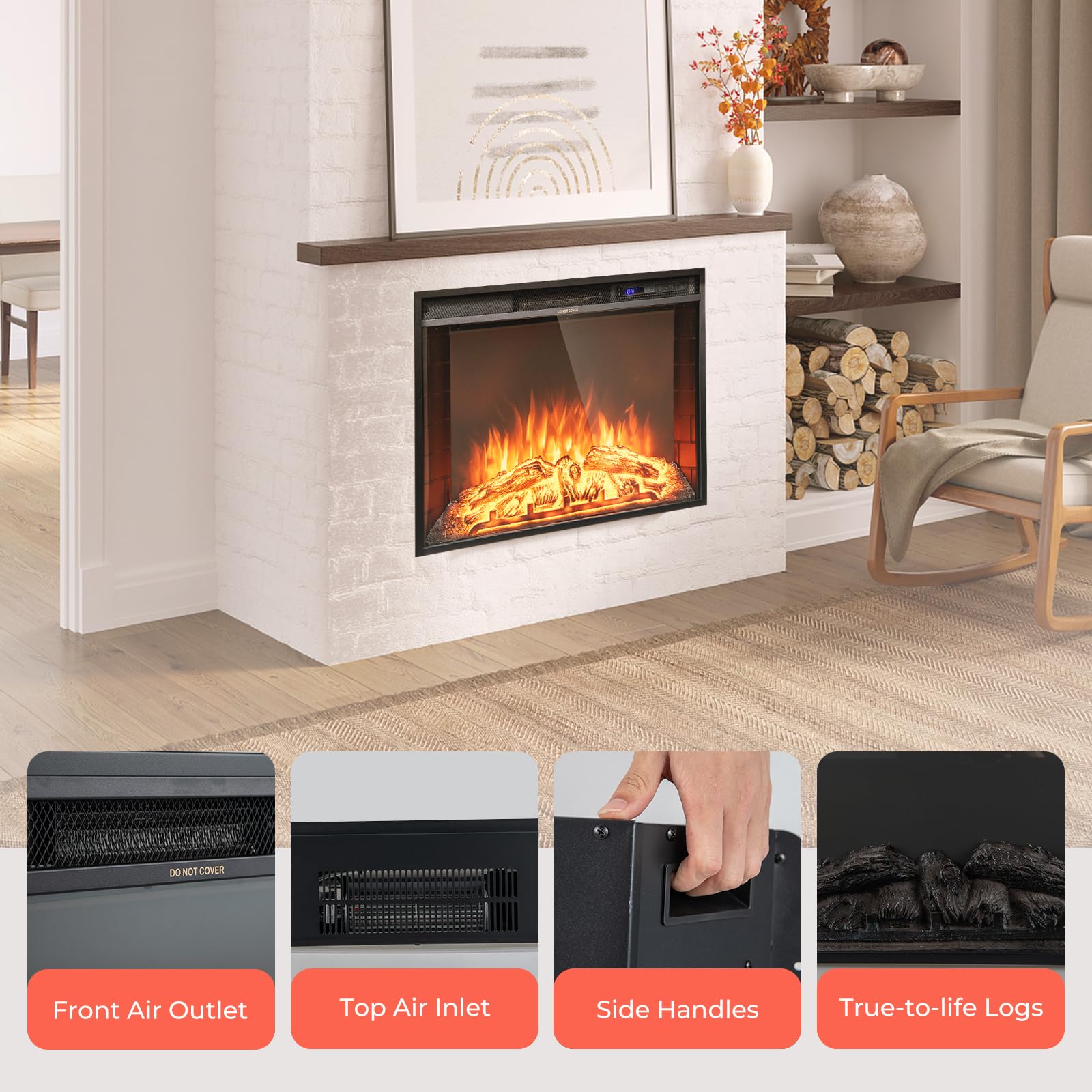 GOFLAME 26-Inch Electric Fireplace Insert, Wall Recessed Fireplace Heater with Thermostat, 3 Flame Colors, 6 Flame Brightness, 6H Timer, Remote Control, Overheat Protection, 750W/1500W