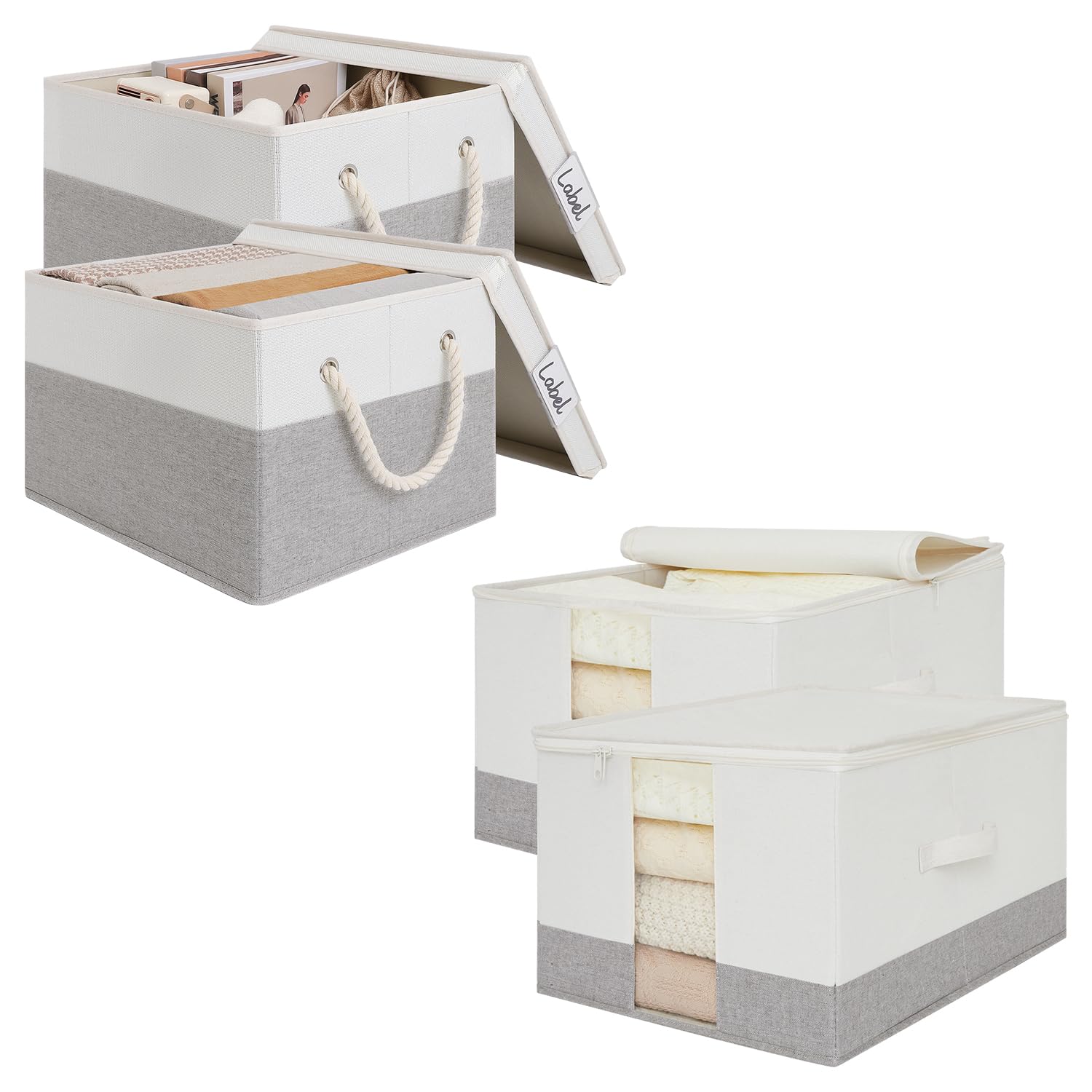 LoforHoney Home Bundle- Storage Baskets with Clear Window,2-Pack & Storage Bins with Lids, Beige & Gray, 2-Pack