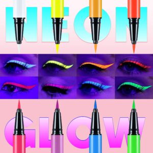 DELISOUL UV Neon Liquid Eyeliner, Matte Colored Eyeliner Pen, Waterproof Smudge-proof Pigmented Eye Liner, Glow Brightly Under UV Lights, Colorful Eye Makeup For Rave Party Music Festival, Neon White