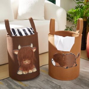 preboun 2 pcs felt highland cow basket with handles, scottish cattle storage bin, decorative portable nursery hamper, long hair farm animal laundry room organizer for closet shelf nursery bedroom