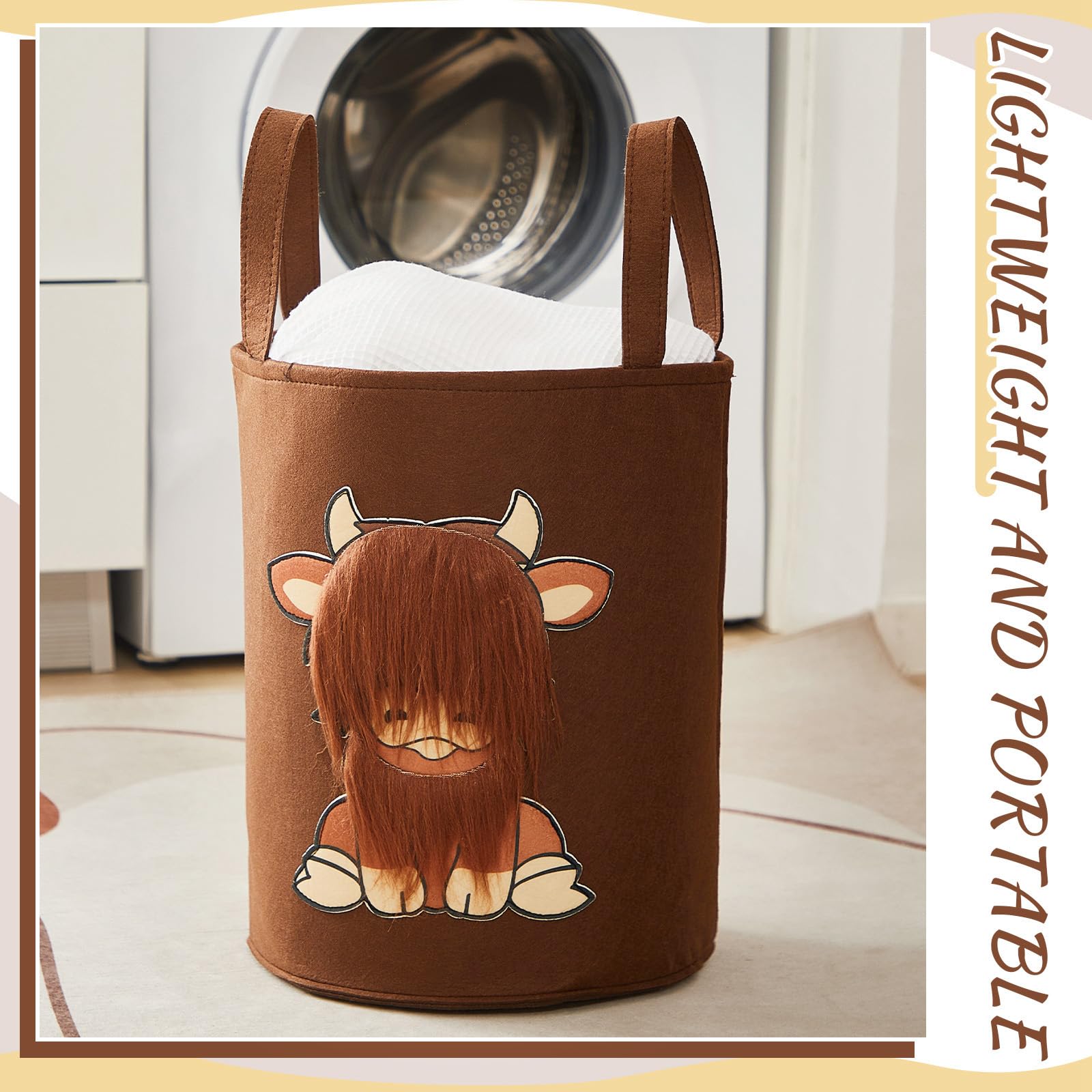 Preboun 2 Pcs Felt Highland Cow Basket with Handles, Scottish Cattle Storage Bin, Decorative Portable Nursery Hamper, Long Hair Farm Animal Laundry Room Organizer for Closet Shelf Nursery Bedroom