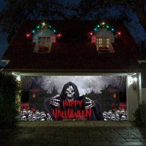 vlipoeasn halloween garage door decorations, 7x16 ft halloween garage door cover banner, skull ghosts halloween outdoor party photography backdrop sign poster decorations supplies