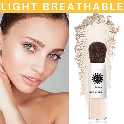 Setting Powder Sunscreen Powder Mineral Powder SPF 35 PA+++ Natural Flawless Smooth Soft Matte Oil Control Brighten Concealer Translucent Powder Setting Powder Makeup With Sunscreen Brush #01 Transluc