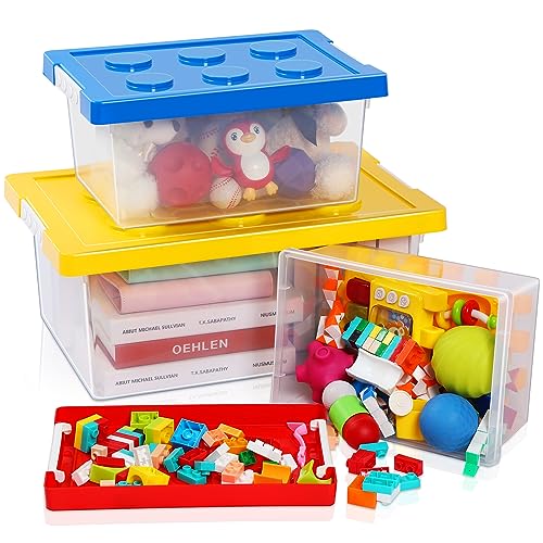 Thyle 18.9'' 3 Pcs Toy Storage Organizer Bins with Lid Toy Organizer Clear Stackable Storage Bins Box Plastic Brick Shaped Containers for Organizing Kids Crafts Puzzles Building Blocks, Yellow, Blue