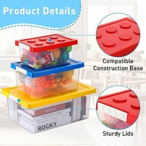 Thyle 18.9'' 3 Pcs Toy Storage Organizer Bins with Lid Toy Organizer Clear Stackable Storage Bins Box Plastic Brick Shaped Containers for Organizing Kids Crafts Puzzles Building Blocks, Yellow, Blue