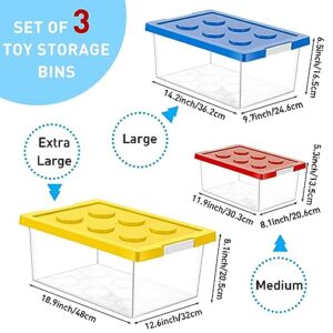 Thyle 18.9'' 3 Pcs Toy Storage Organizer Bins with Lid Toy Organizer Clear Stackable Storage Bins Box Plastic Brick Shaped Containers for Organizing Kids Crafts Puzzles Building Blocks, Yellow, Blue