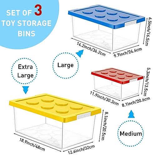 Thyle 18.9'' 3 Pcs Toy Storage Organizer Bins with Lid Toy Organizer Clear Stackable Storage Bins Box Plastic Brick Shaped Containers for Organizing Kids Crafts Puzzles Building Blocks, Yellow, Blue