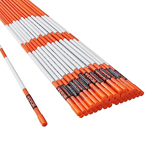 VEVOR Driveway Markers, 50 PCS 48 inch, 0.31 inch Diameter, Orange Fiberglass Poles Snow Stakes with Reflective Tape, 12" Steel Drill Bit & Protection Gloves for Parking Lots, Walkways Easy Visibility