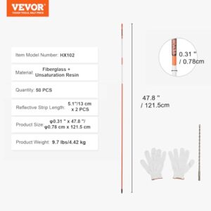 VEVOR Driveway Markers, 50 PCS 48 inch, 0.31 inch Diameter, Orange Fiberglass Poles Snow Stakes with Reflective Tape, 12" Steel Drill Bit & Protection Gloves for Parking Lots, Walkways Easy Visibility