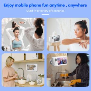 Fanlory Shower Phone Holder with Wireless Bluetooth Speaker - Waterproof 480 Rotation Viewable Shower Phone Stand Case Mount Speakers for Bathroom Wall Mirro for 4"- 6.8" Cell Phones