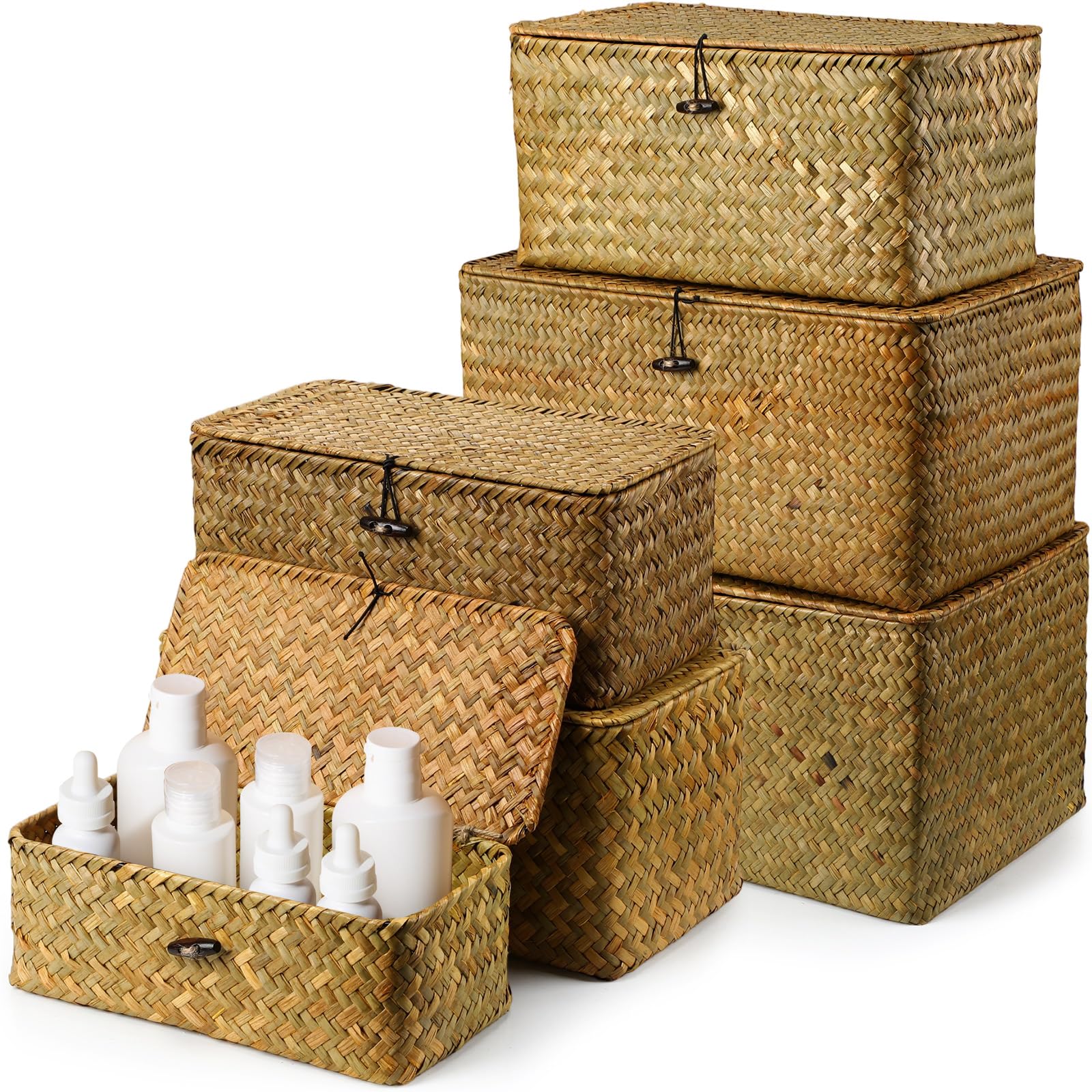 Kigley 6 Pcs Seagrass Baskets with Lids Wicker Storage Basket Organizer Baskets Handwoven Large Rectangular Basket Boxes Summer Woven Baskets for Shelf Closet, 6 Sizes(Yellow, Classic Style)