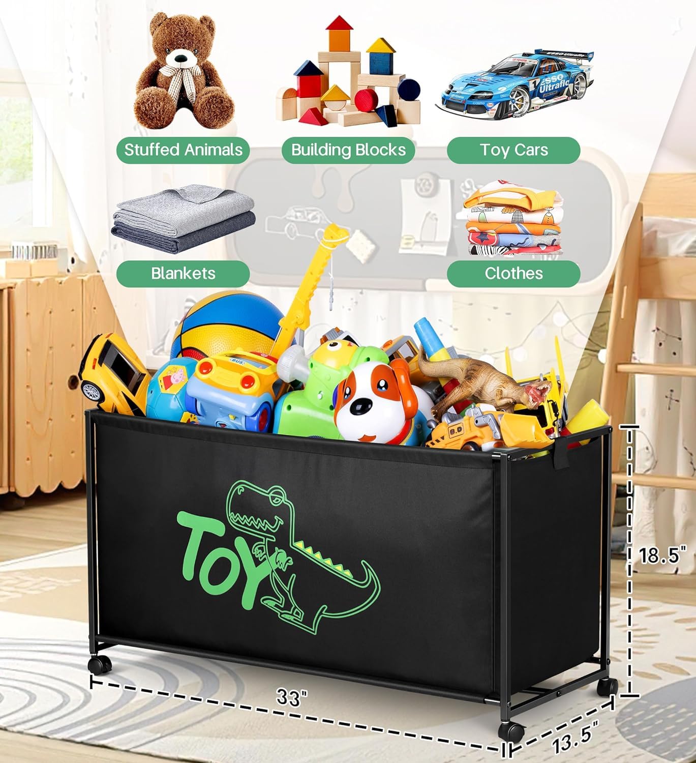 MISSLO Large Toy Box with Wheels Big Toy Chest for Kids Organizer Toy Storage Bin, 124L, Black