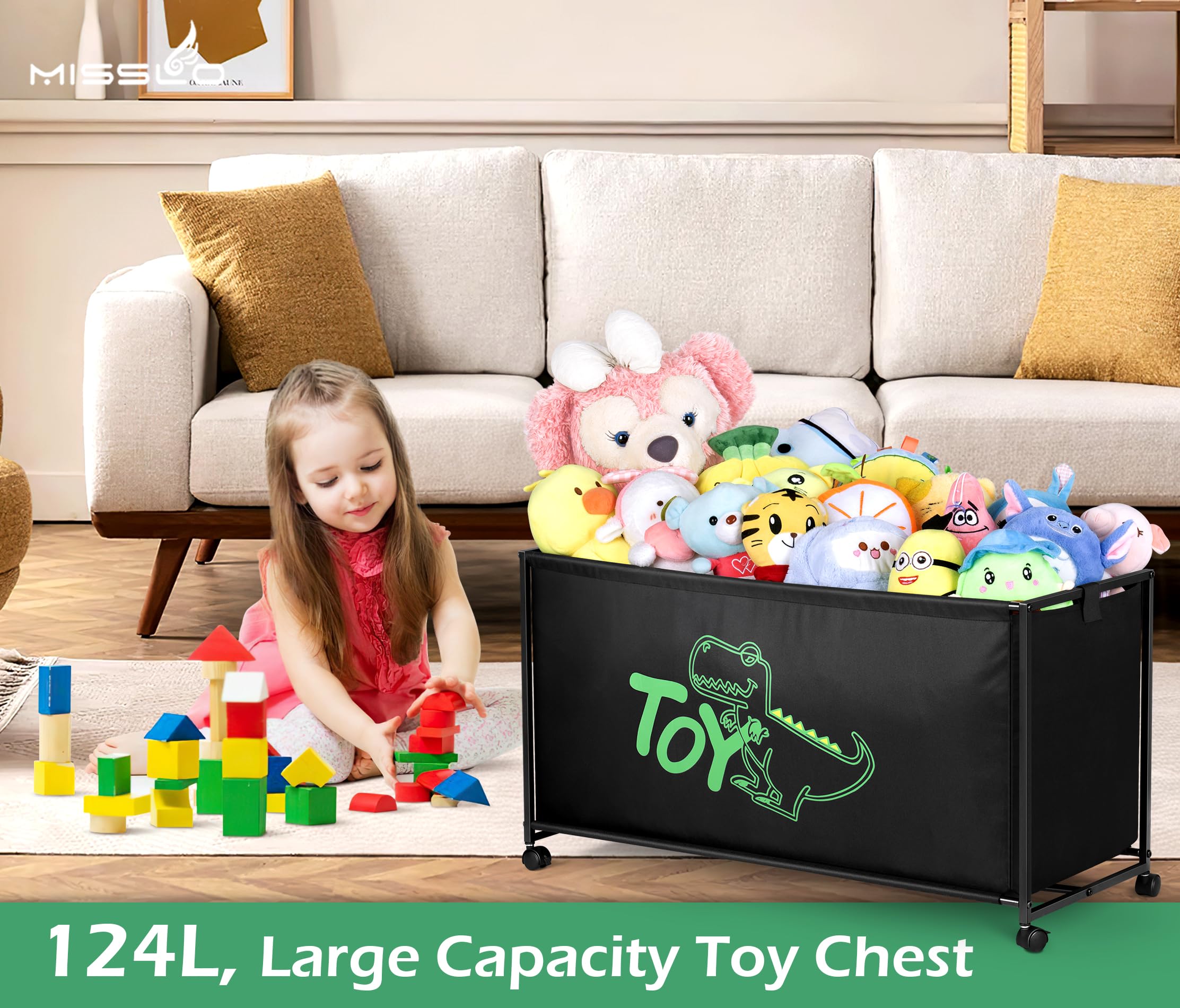 MISSLO Large Toy Box with Wheels Big Toy Chest for Kids Organizer Toy Storage Bin, 124L, Black