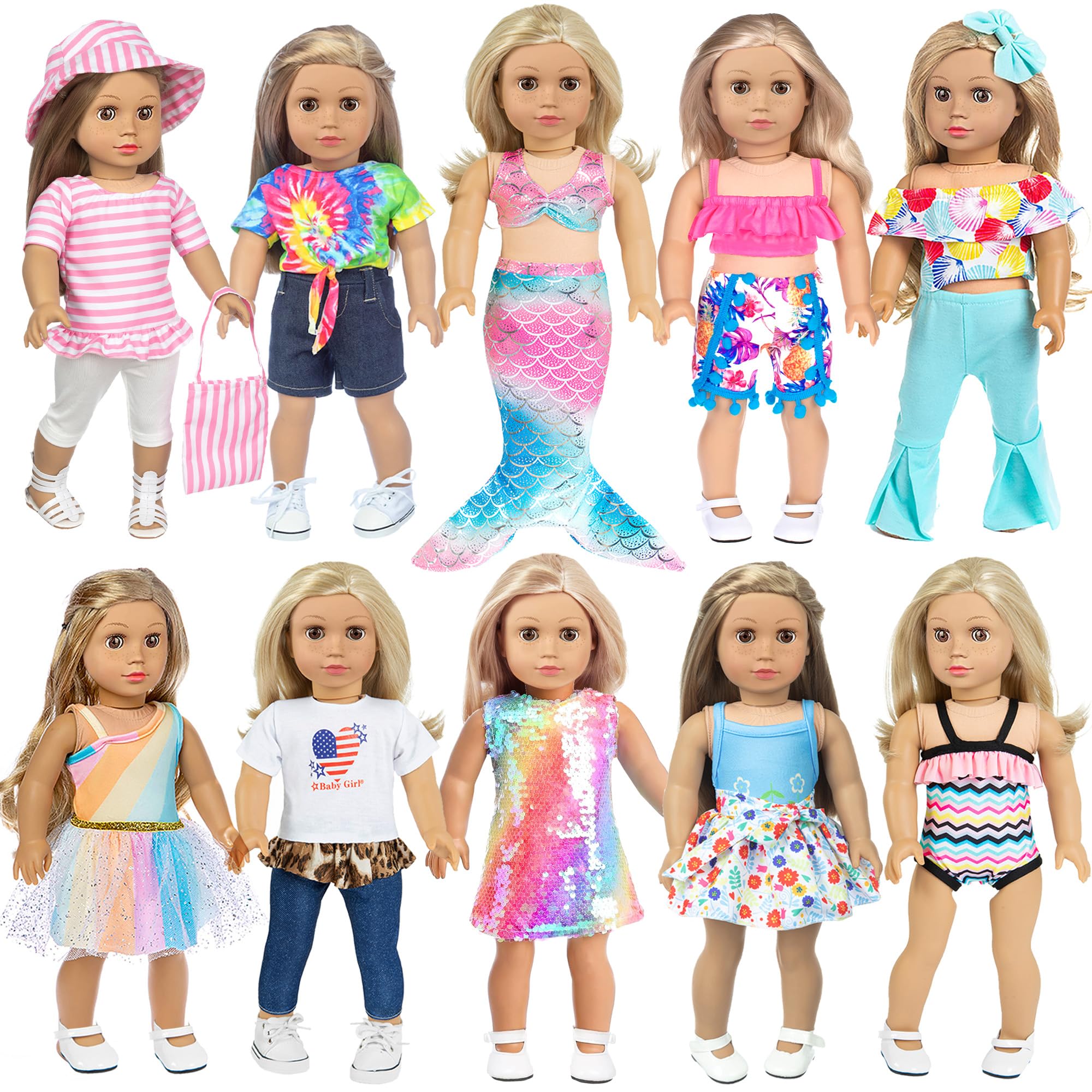 Fashion 10 Sets 18 inch Doll Clothes and Accessories Play Set inlcude Mermaid Shinning Dress Outfits Bikini Hat Handbag (No Doll)