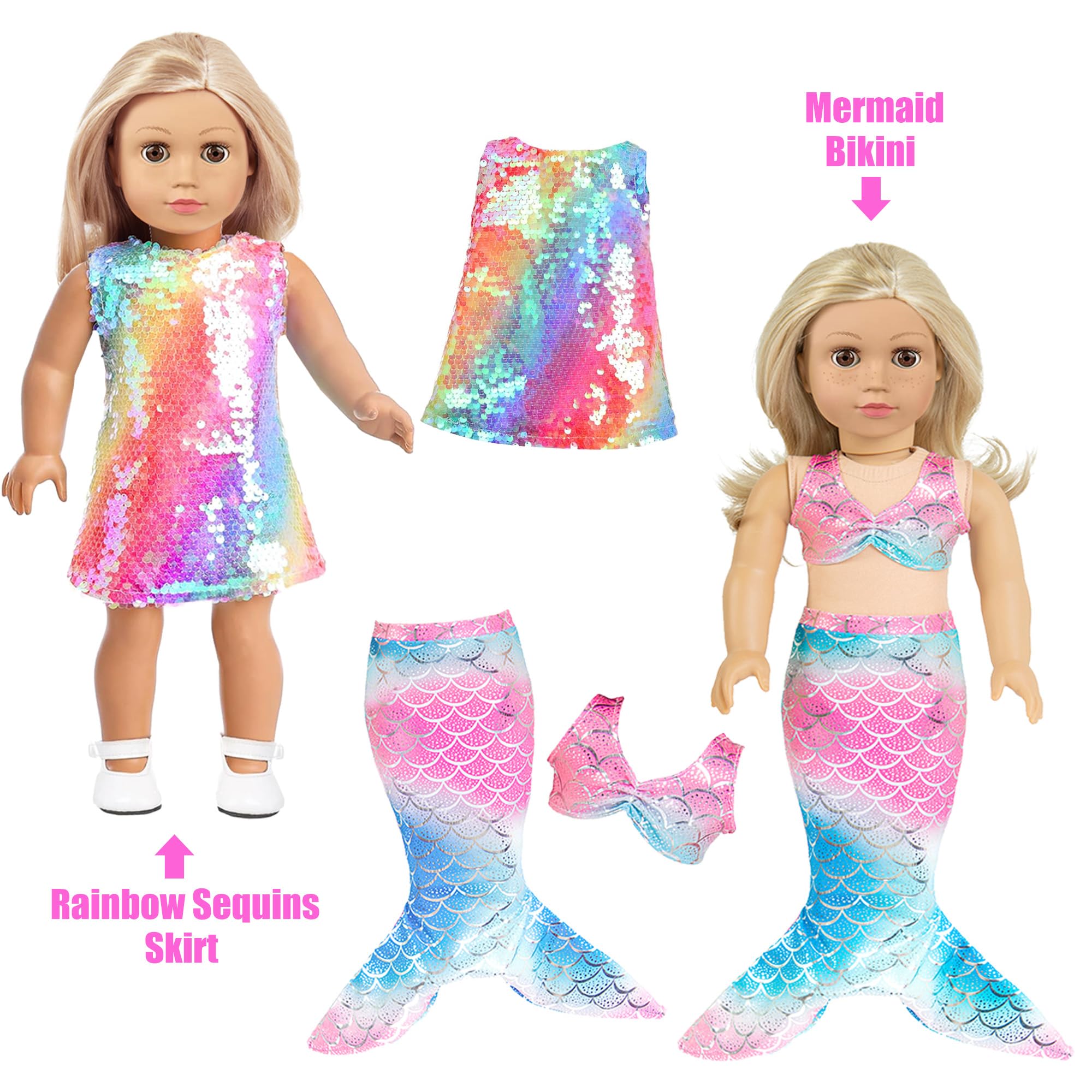 Fashion 10 Sets 18 inch Doll Clothes and Accessories Play Set inlcude Mermaid Shinning Dress Outfits Bikini Hat Handbag (No Doll)