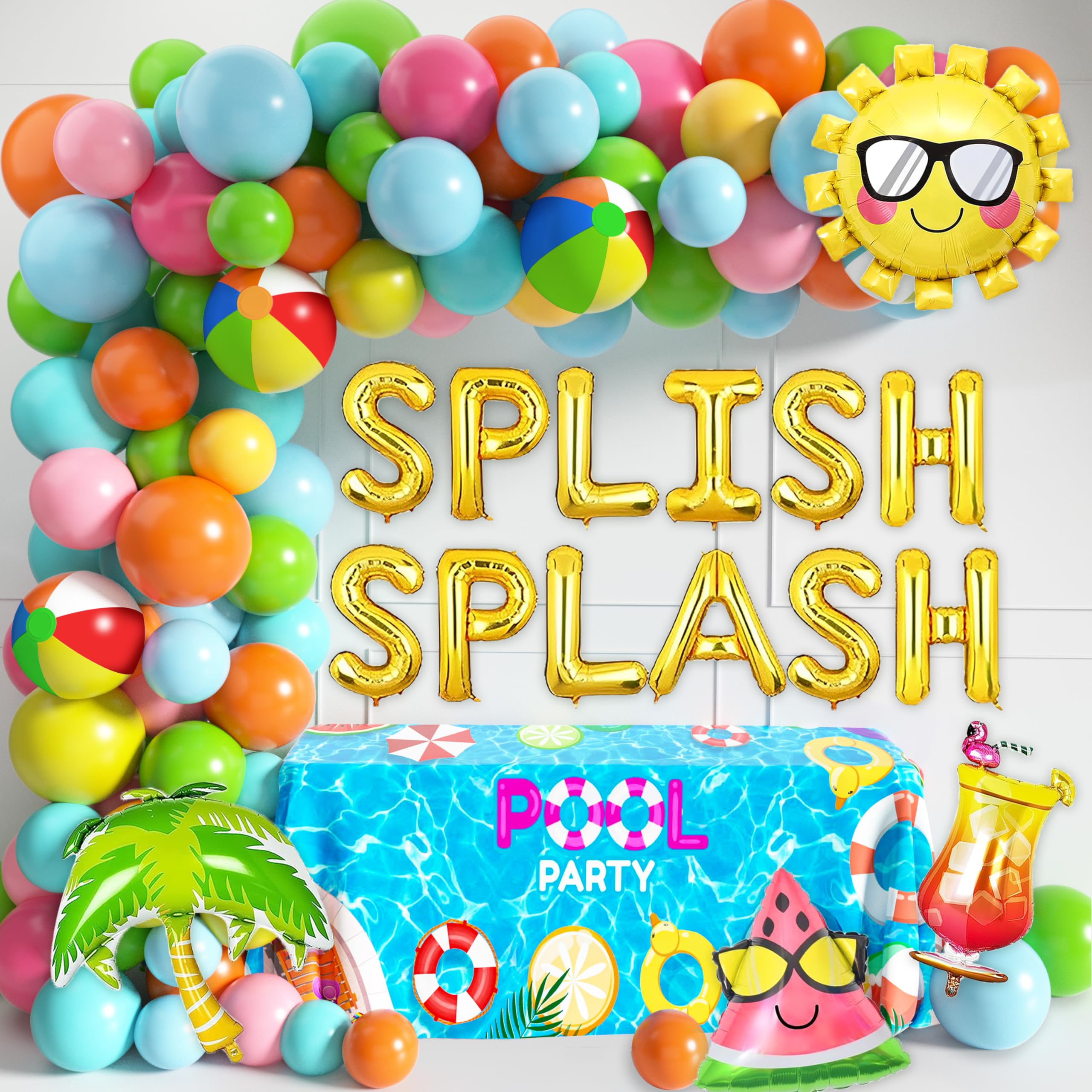 Tropical Hawaiian Luau Splish Splash Balloon Garland Arch Kit 160Pcs, Summer Pool Beach Party Decoration with Beach Ball Foil Balloon for Kids Aloha Pool Birthday Party Supplies (Summer-01)