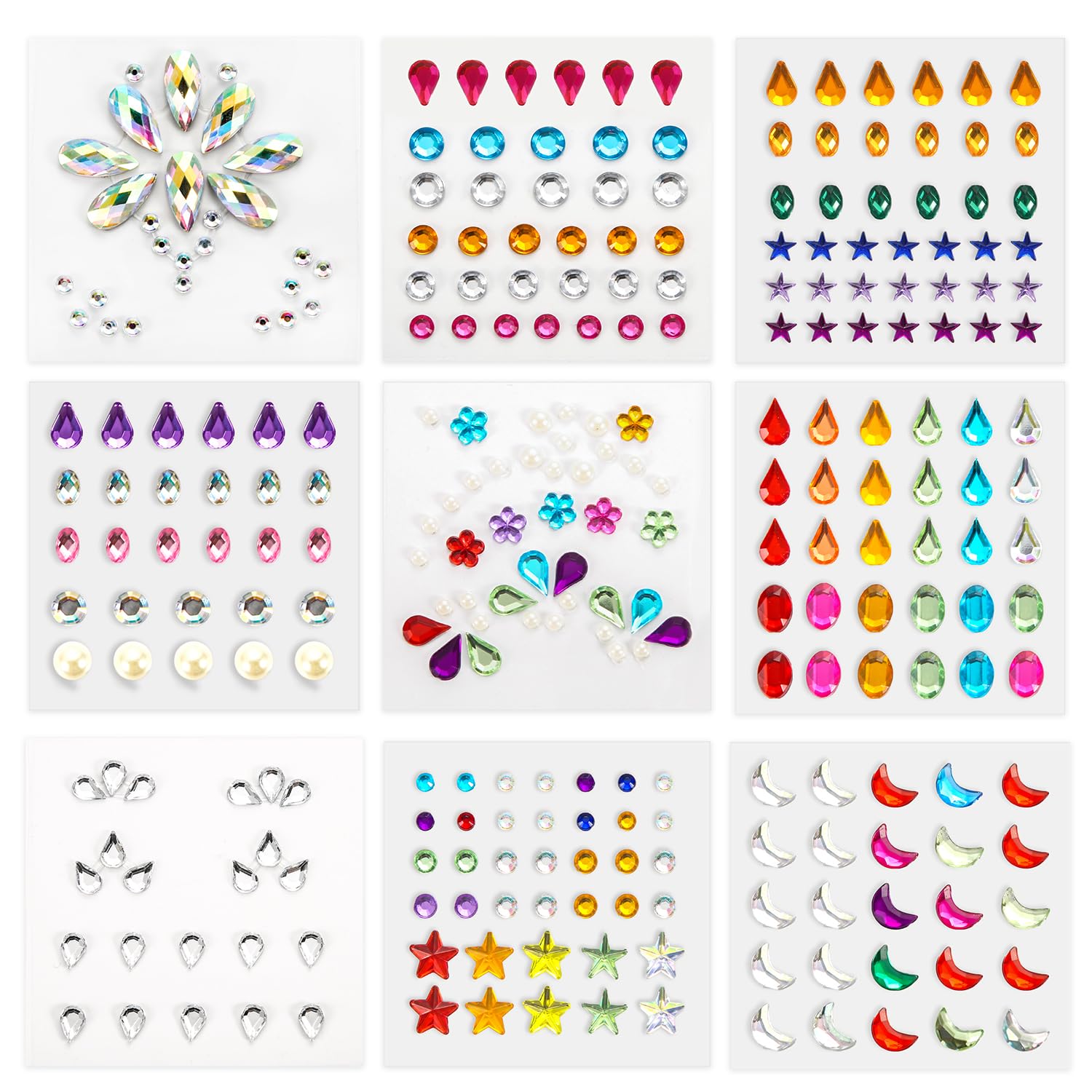 9 Sheets Face Gems Stickers, Self-adhesive Face Jewels Stickers including Stars, Flower, Drop Shape Cute Face Diamonds Jewels for Makeup, Party, Festival (Pattern 1)