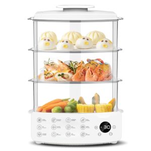 electric steamer for cooking vegetable steamer food steam cooker 900w motor for fast steaming veggie dumpling tamale fish egg bun tortilla,12.68 quart 3-tier design bpa-free,auto shutoff,smart digital