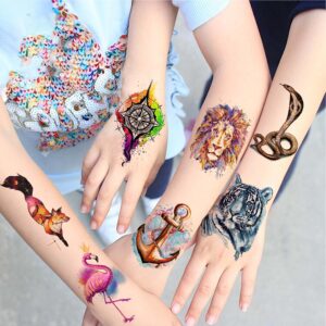 VANTATY 55 Sheets 3D Watercolor Temporary Tattoos For Women Men Adults Arm, Tiger Lion Skull Skeleton Fake Tattoos That Look Real And Long Lasting Colorful Halloween Wolf Rose Flower Temp Tattoo Stickers For Kids Teens