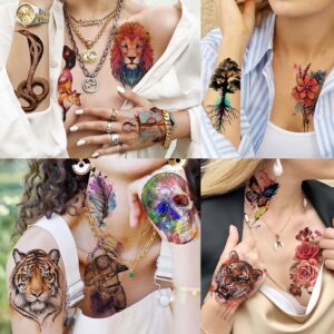 VANTATY 55 Sheets 3D Watercolor Temporary Tattoos For Women Men Adults Arm, Tiger Lion Skull Skeleton Fake Tattoos That Look Real And Long Lasting Colorful Halloween Wolf Rose Flower Temp Tattoo Stickers For Kids Teens