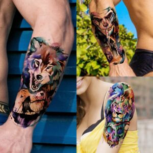 VANTATY 55 Sheets 3D Watercolor Temporary Tattoos For Women Men Adults Arm, Tiger Lion Skull Skeleton Fake Tattoos That Look Real And Long Lasting Colorful Halloween Wolf Rose Flower Temp Tattoo Stickers For Kids Teens