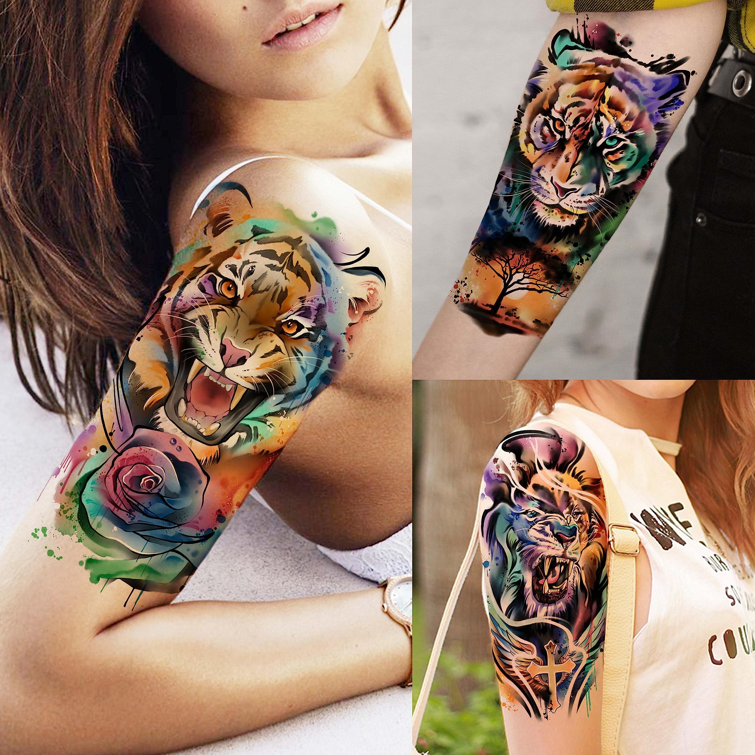 VANTATY 55 Sheets 3D Watercolor Temporary Tattoos For Women Men Adults Arm, Tiger Lion Skull Skeleton Fake Tattoos That Look Real And Long Lasting Colorful Halloween Wolf Rose Flower Temp Tattoo Stickers For Kids Teens