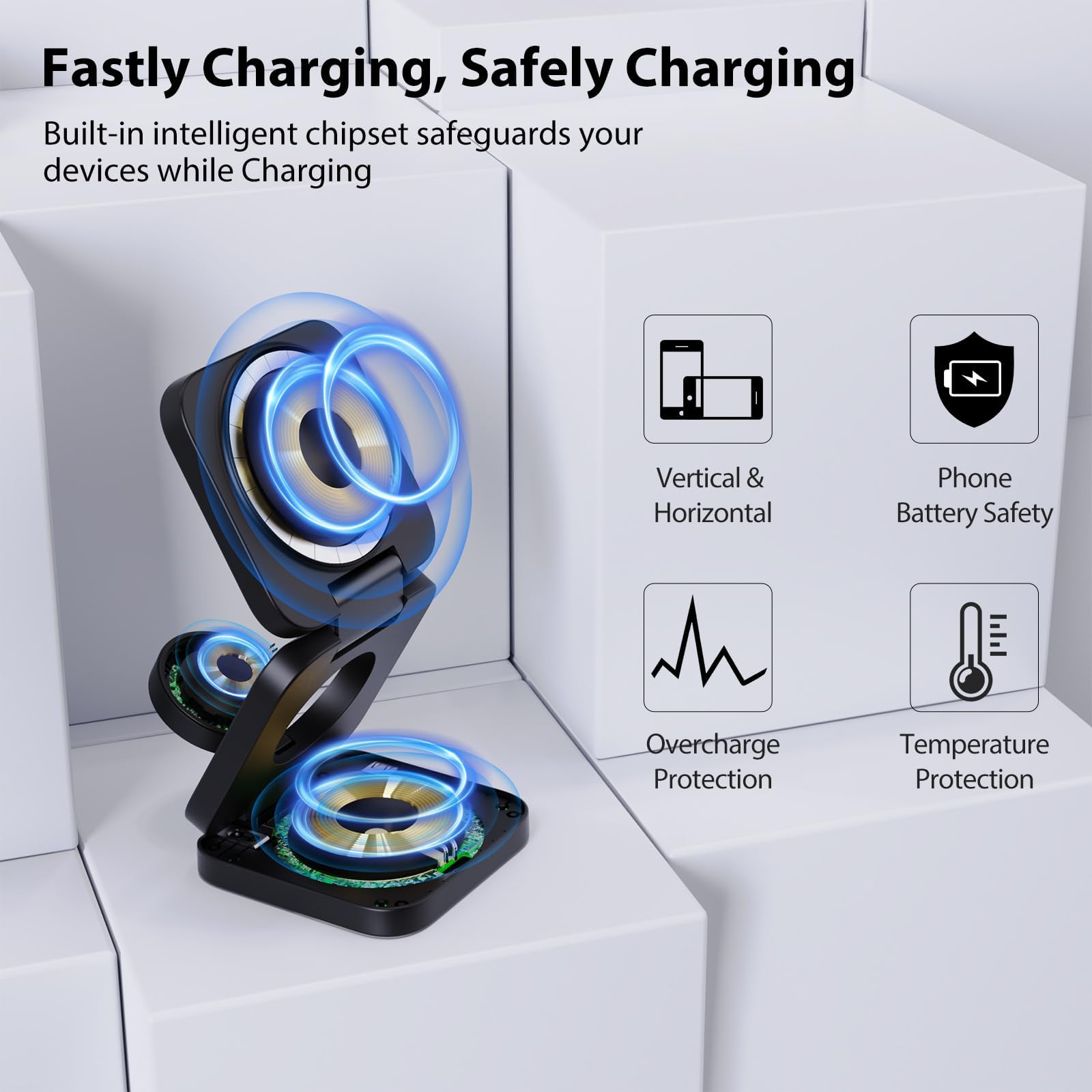 KU XIU X55 Fast Wireless Charger, Magnetic Foldable 3 in 1 Charging Station for iPhone 15/14/13/12/Pro/Plus/Pro Max, 5W Portable Charger for Apple Watch9/8/7/6/5/4/3/2/SE, for Airpods3/2/Pro-Black