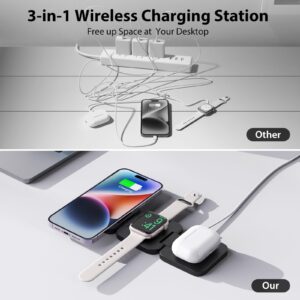 KU XIU X55 Fast Wireless Charger, Magnetic Foldable 3 in 1 Charging Station for iPhone 15/14/13/12/Pro/Plus/Pro Max, 5W Portable Charger for Apple Watch9/8/7/6/5/4/3/2/SE, for Airpods3/2/Pro-Black