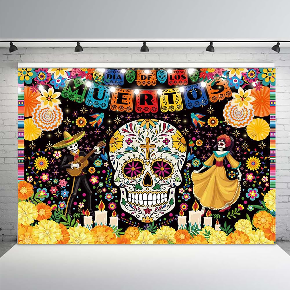 MEHOFOND 7x5ft Day of The Dead Backdrop for Mexican Fiesta Dia De Los Muertos Birthday Party Decorations Banner Sugar Skull Flower Photography Background Paper Cutting Photo Props