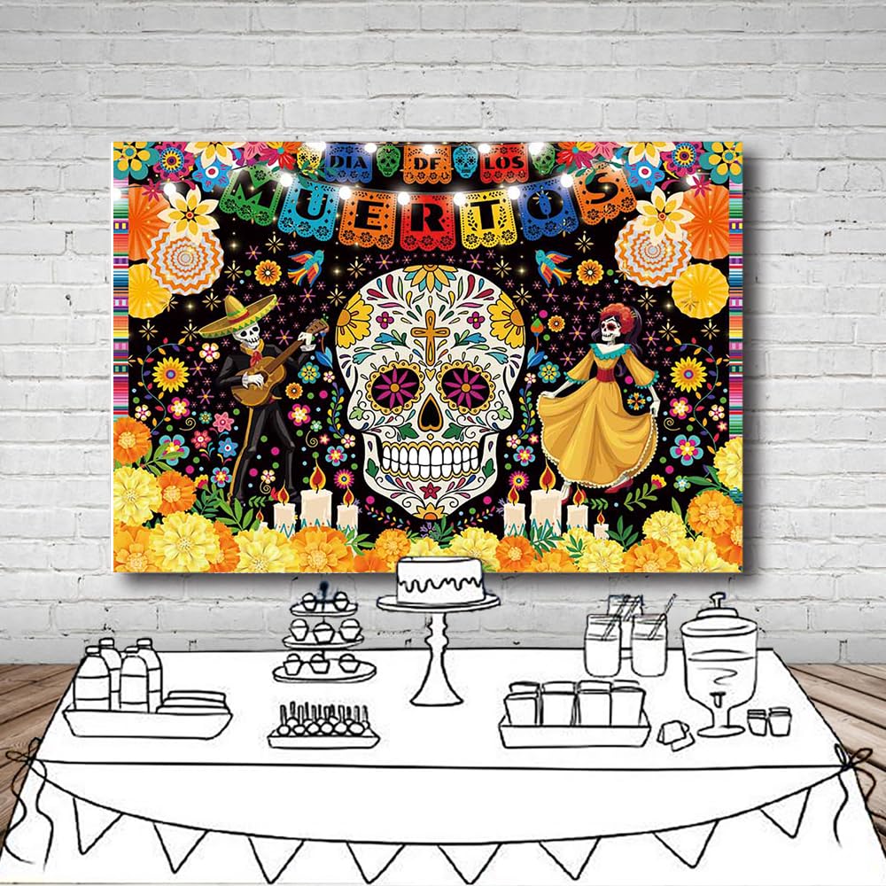 MEHOFOND 7x5ft Day of The Dead Backdrop for Mexican Fiesta Dia De Los Muertos Birthday Party Decorations Banner Sugar Skull Flower Photography Background Paper Cutting Photo Props