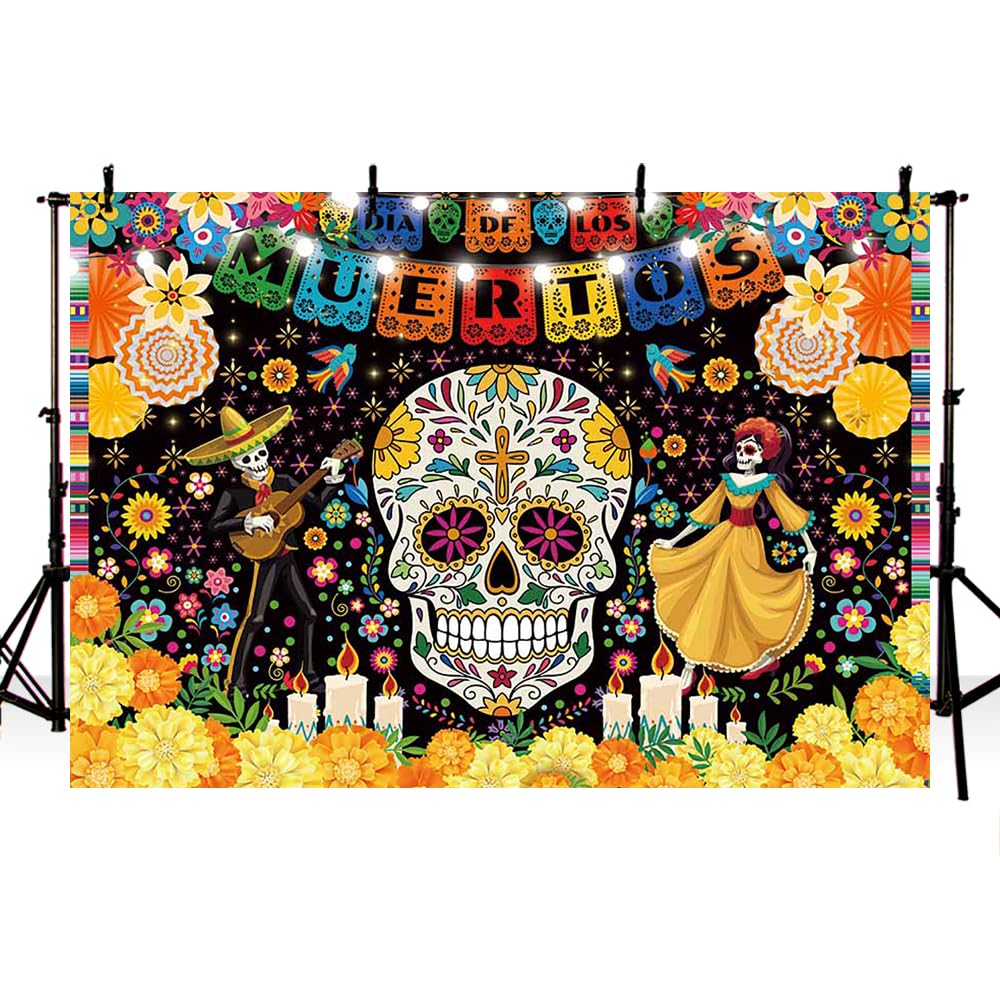 MEHOFOND 7x5ft Day of The Dead Backdrop for Mexican Fiesta Dia De Los Muertos Birthday Party Decorations Banner Sugar Skull Flower Photography Background Paper Cutting Photo Props