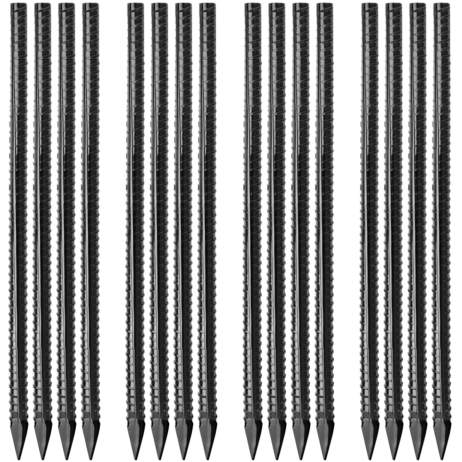 Besitu 16 inches Ground Rebar Stakes (16 pcs) Heavy Duty Metal Spikes for Concrete Timber Garden Plant, Long Straight Steel Stakes for Tent, 3/8" Thickness Ground Anchors with Chisel Point End, Black