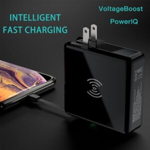 Pwr Travel - 5 in 1 Power Bank International, 10000mAh Portable Wireless Charger Bank with AC Wall Plug & Built-in Cables, Built-in Type-C and Lighting USB Cable 4 Output and 2 Input