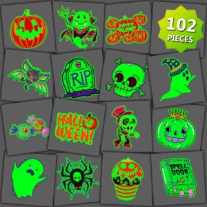 luminous halloween temporary tattoos for kids, glow in dark tattoos halloween party favors individually wrapped sheets, birthday party decorations supplies, halloween gifts goodie bag fillers