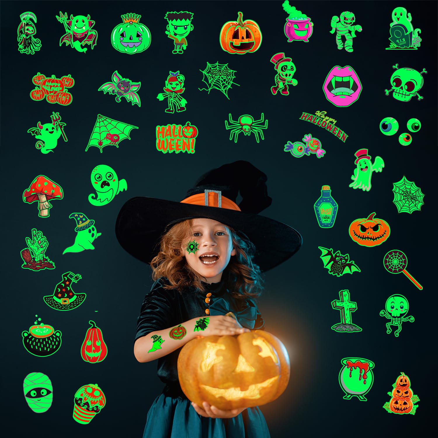 Luminous Halloween Temporary Tattoos for kids, Glow in Dark Tattoos Halloween Party Favors Individually Wrapped Sheets, Birthday Party Decorations Supplies, Halloween Gifts Goodie Bag Fillers