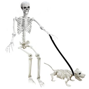 5.4ft halloween life size human skeletons with dog skeleton,poseable life size skeletons plastic human bones with movable joints for halloween decoration