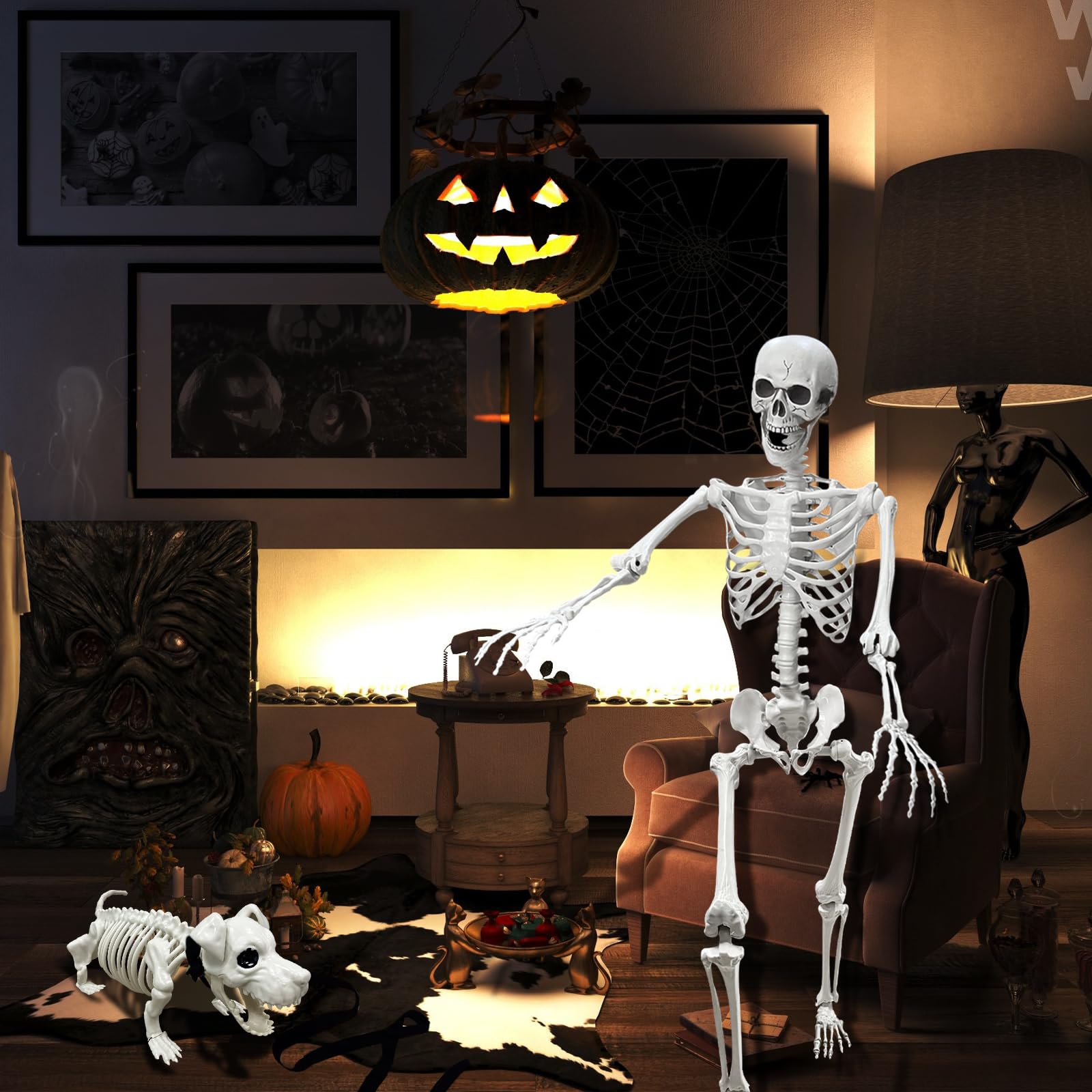 5.4Ft Halloween Life Size Human Skeletons with Dog Skeleton,Poseable Life Size Skeletons Plastic Human Bones with Movable Joints for Halloween Decoration