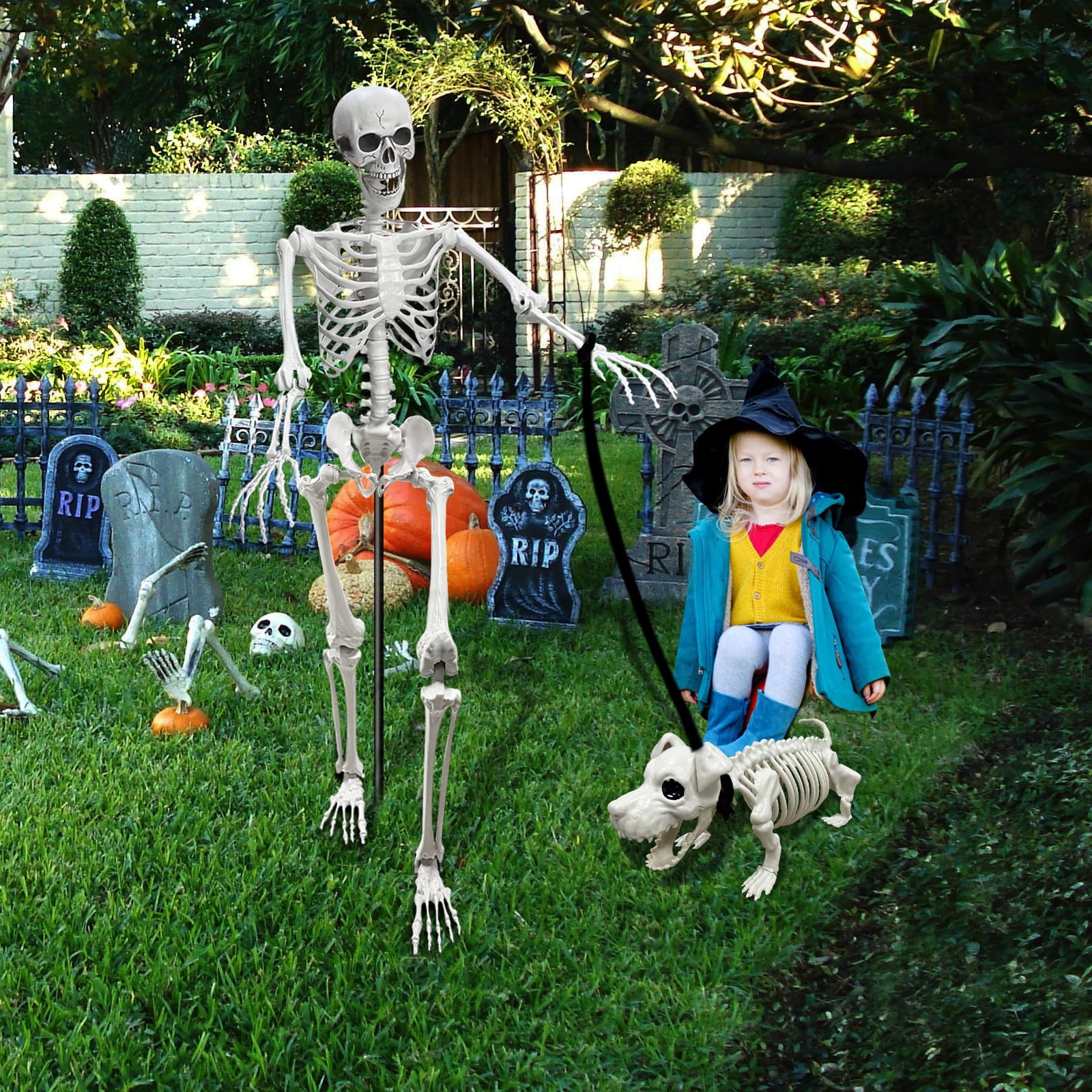 5.4Ft Halloween Life Size Human Skeletons with Dog Skeleton,Poseable Life Size Skeletons Plastic Human Bones with Movable Joints for Halloween Decoration