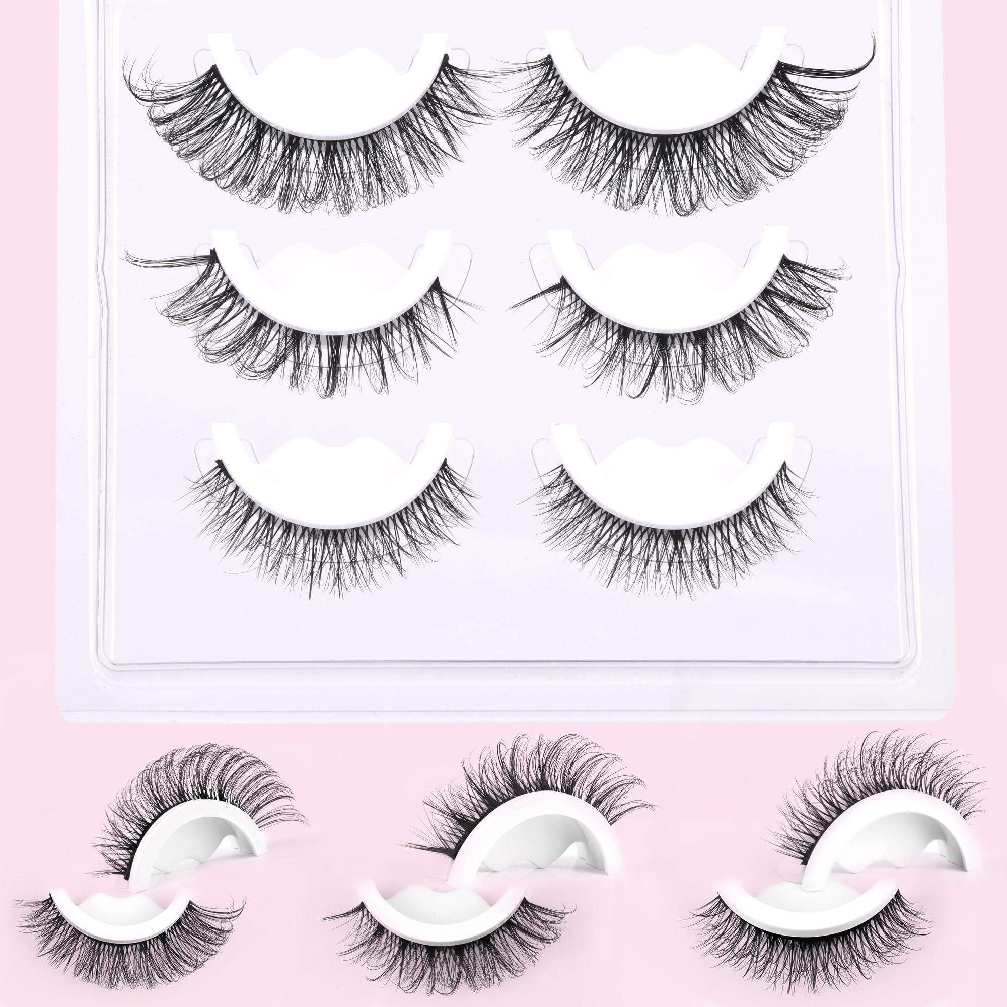 Self Adhesive Eyelashes 3 Styles False Lashes Natural Look Wispy Cat Eye Fake Eyelashes Reusable Adhesive Natural Lashes