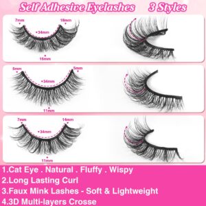 Self Adhesive Eyelashes 3 Styles False Lashes Natural Look Wispy Cat Eye Fake Eyelashes Reusable Adhesive Natural Lashes