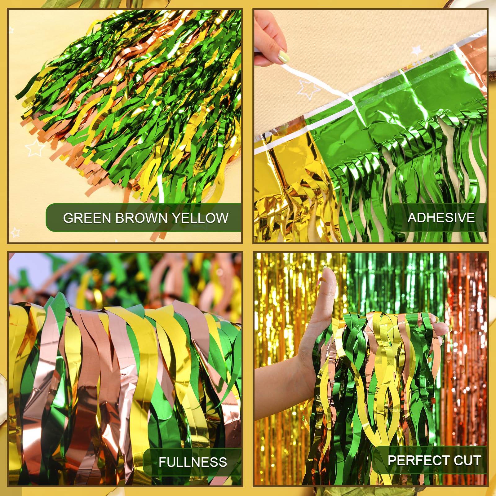 LOLStar Hawaiian Luau Party Decorations 2Pack Green Brown and Yellow Wavy Metallic Tinsel Foil Fringe Table Skirt for Rectangle and Round Table,Perfect Decor for Summer Beach Party Tropical Themed