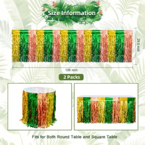 LOLStar Hawaiian Luau Party Decorations 2Pack Green Brown and Yellow Wavy Metallic Tinsel Foil Fringe Table Skirt for Rectangle and Round Table,Perfect Decor for Summer Beach Party Tropical Themed