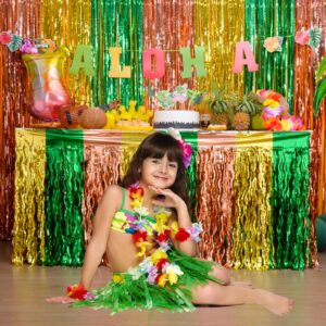 LOLStar Hawaiian Luau Party Decorations 2Pack Green Brown and Yellow Wavy Metallic Tinsel Foil Fringe Table Skirt for Rectangle and Round Table,Perfect Decor for Summer Beach Party Tropical Themed