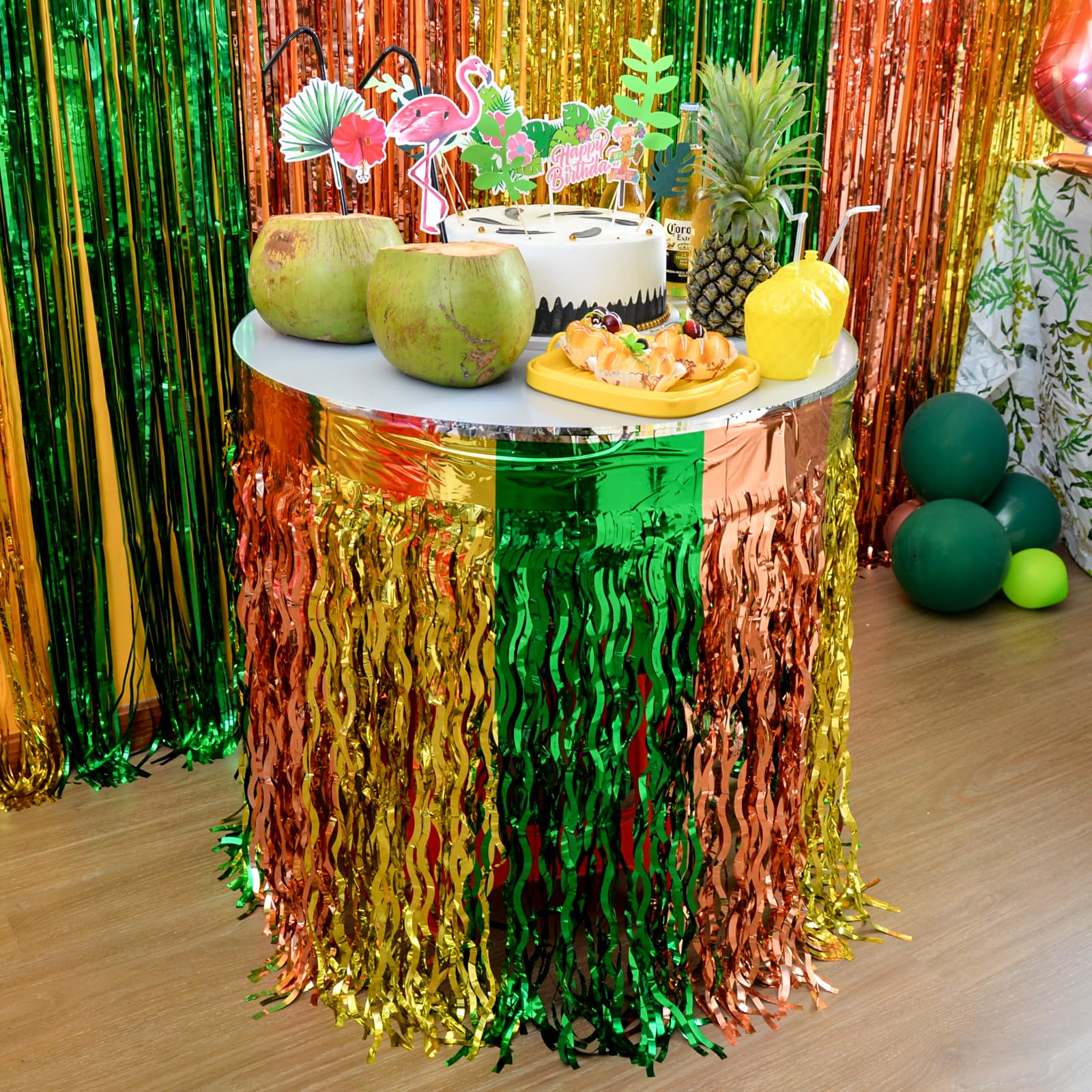 LOLStar Hawaiian Luau Party Decorations 2Pack Green Brown and Yellow Wavy Metallic Tinsel Foil Fringe Table Skirt for Rectangle and Round Table,Perfect Decor for Summer Beach Party Tropical Themed